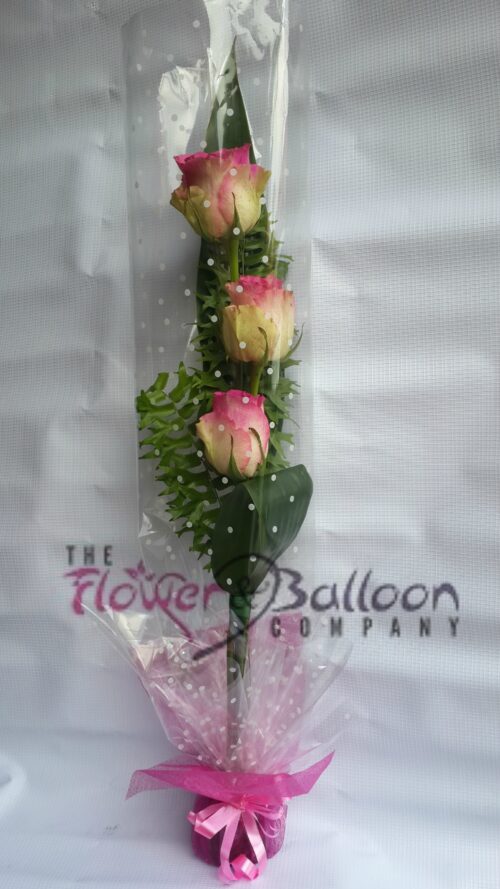3 Pink Roses Wrapped In Cellophane - flowerandballooncompany.com